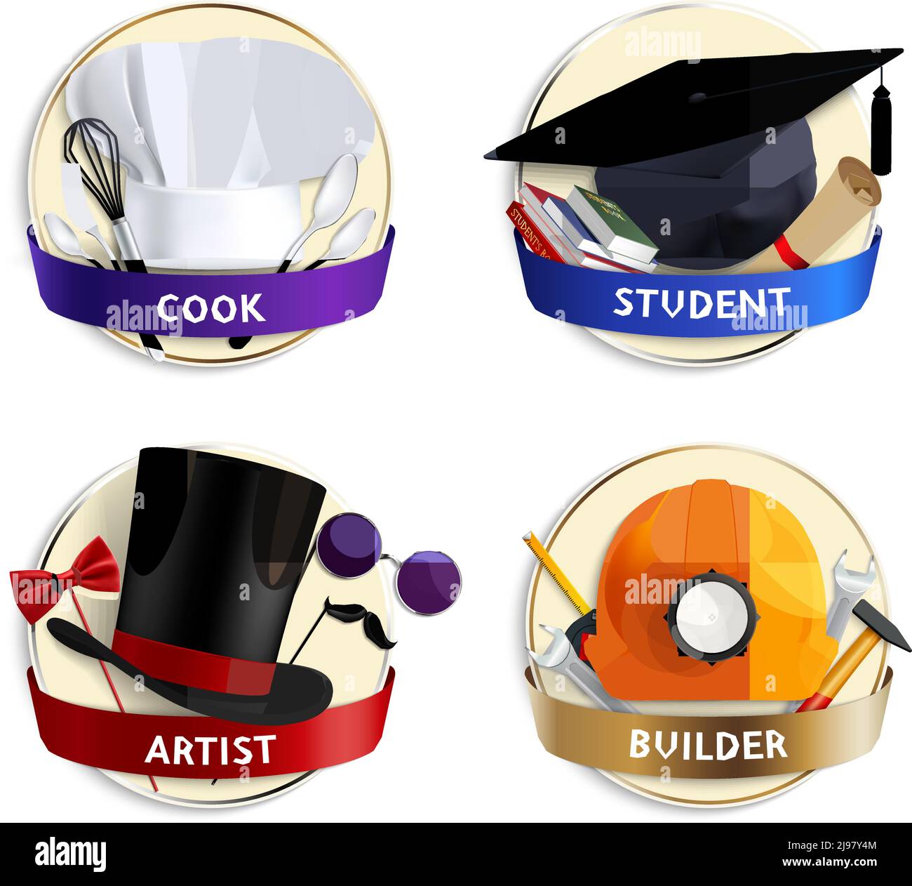 Set of realistic emblems with hats of different professions cook ...
