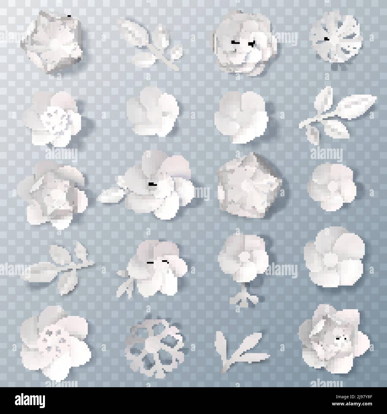 Set of realistic delicate white paper flowers and leaves isolated on ...