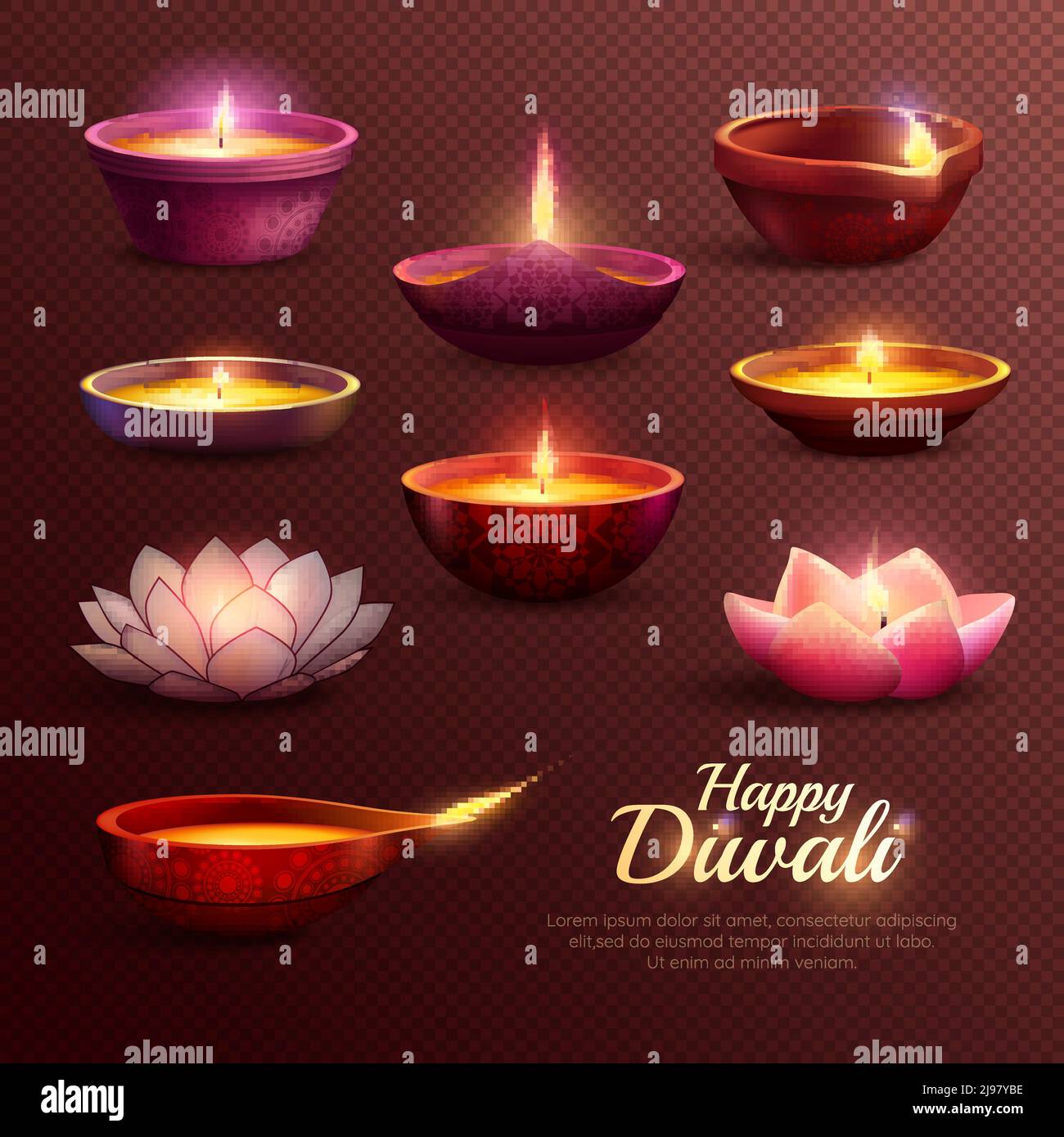 Diwali celebration icons set with burning oil lamps of various shape on ...