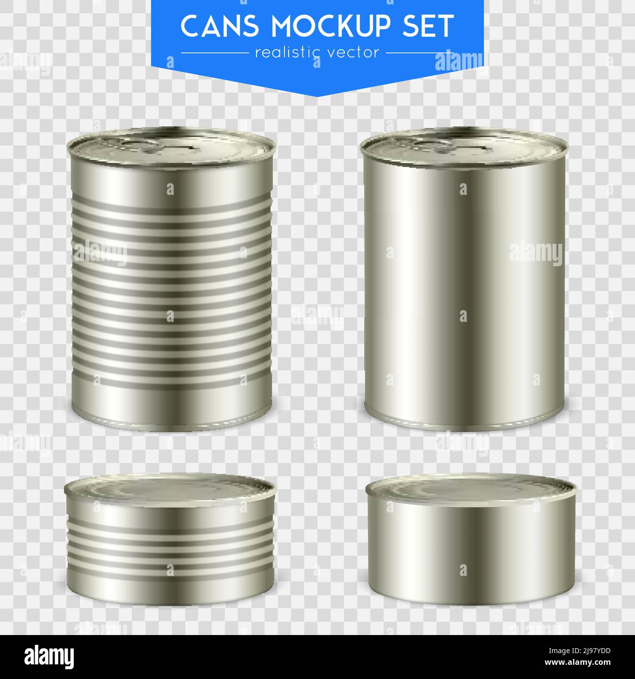 Four realistic cylindrical tin mockup cans various height with top and ...