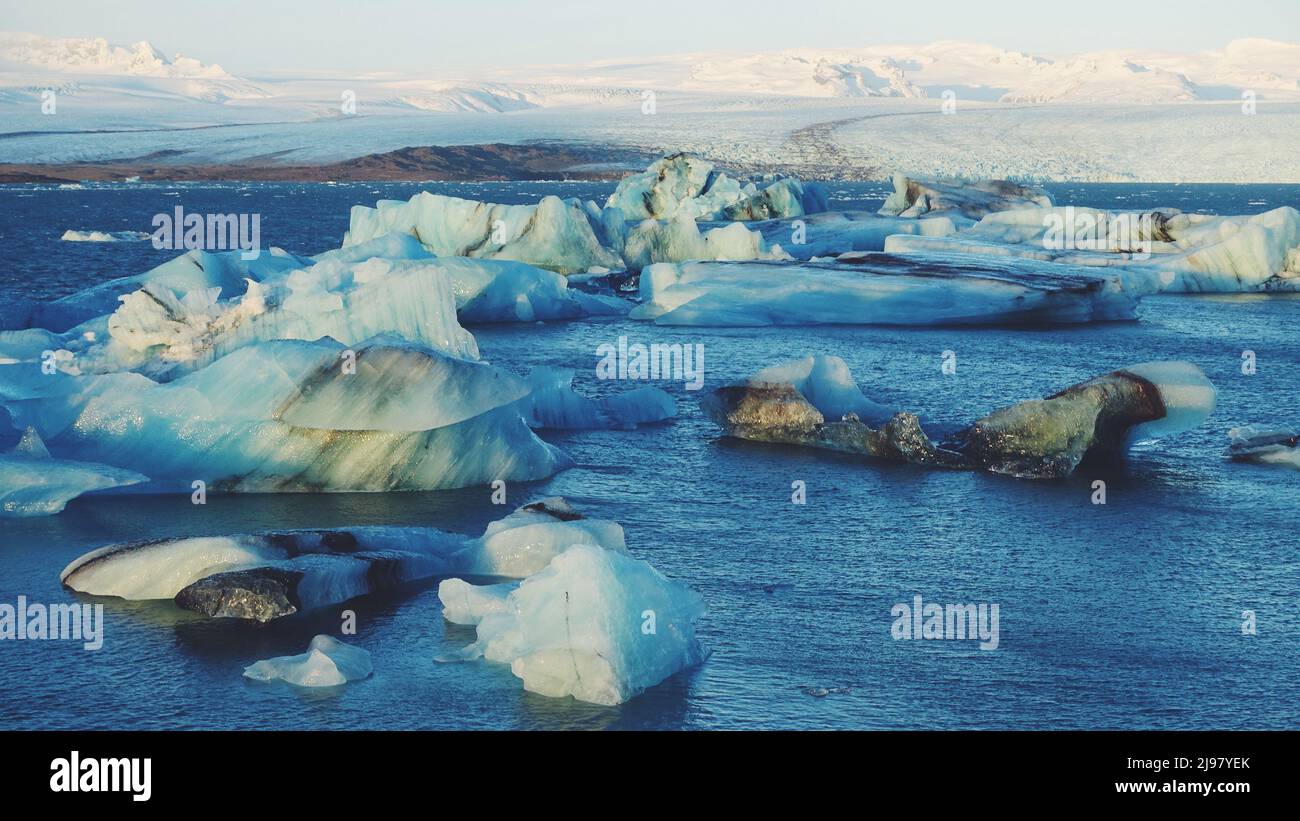 a wide shot of a view of icy rocks in the antarctic pole at morning ...