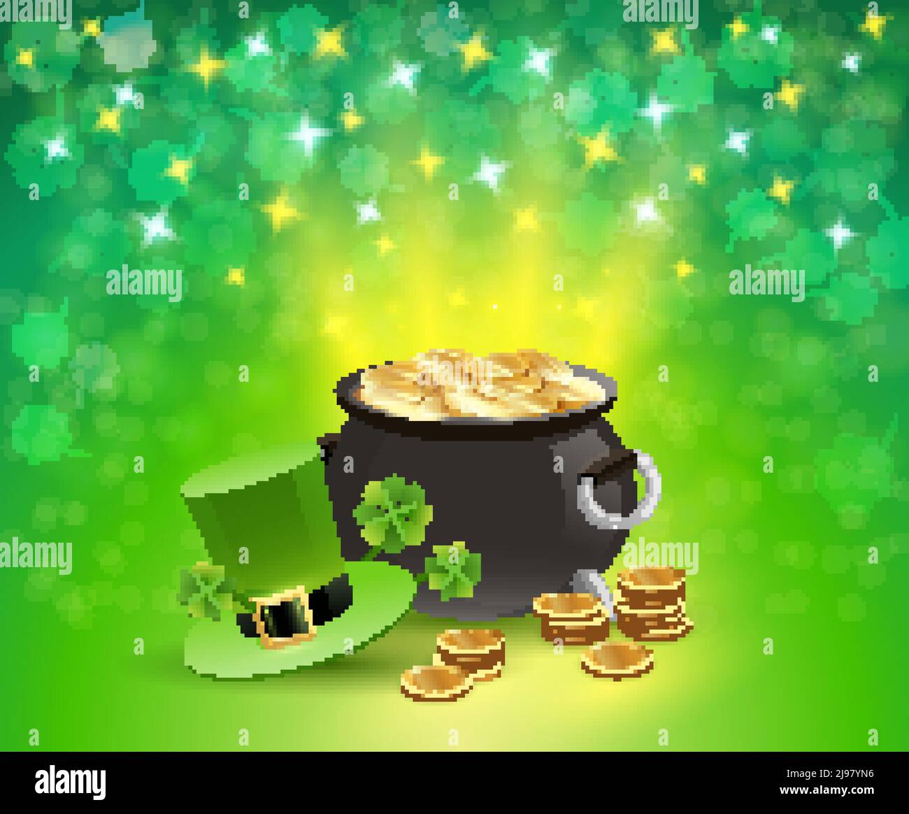 St patricks holiday sparkling background with pot of gold, leaves of ...