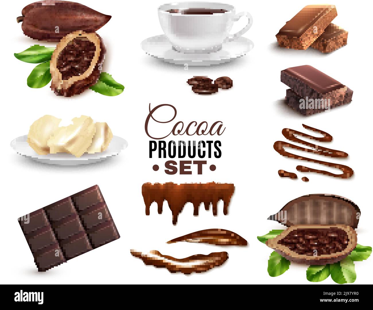 Set of realistic cocoa products including dried beans, drink, cacao ...