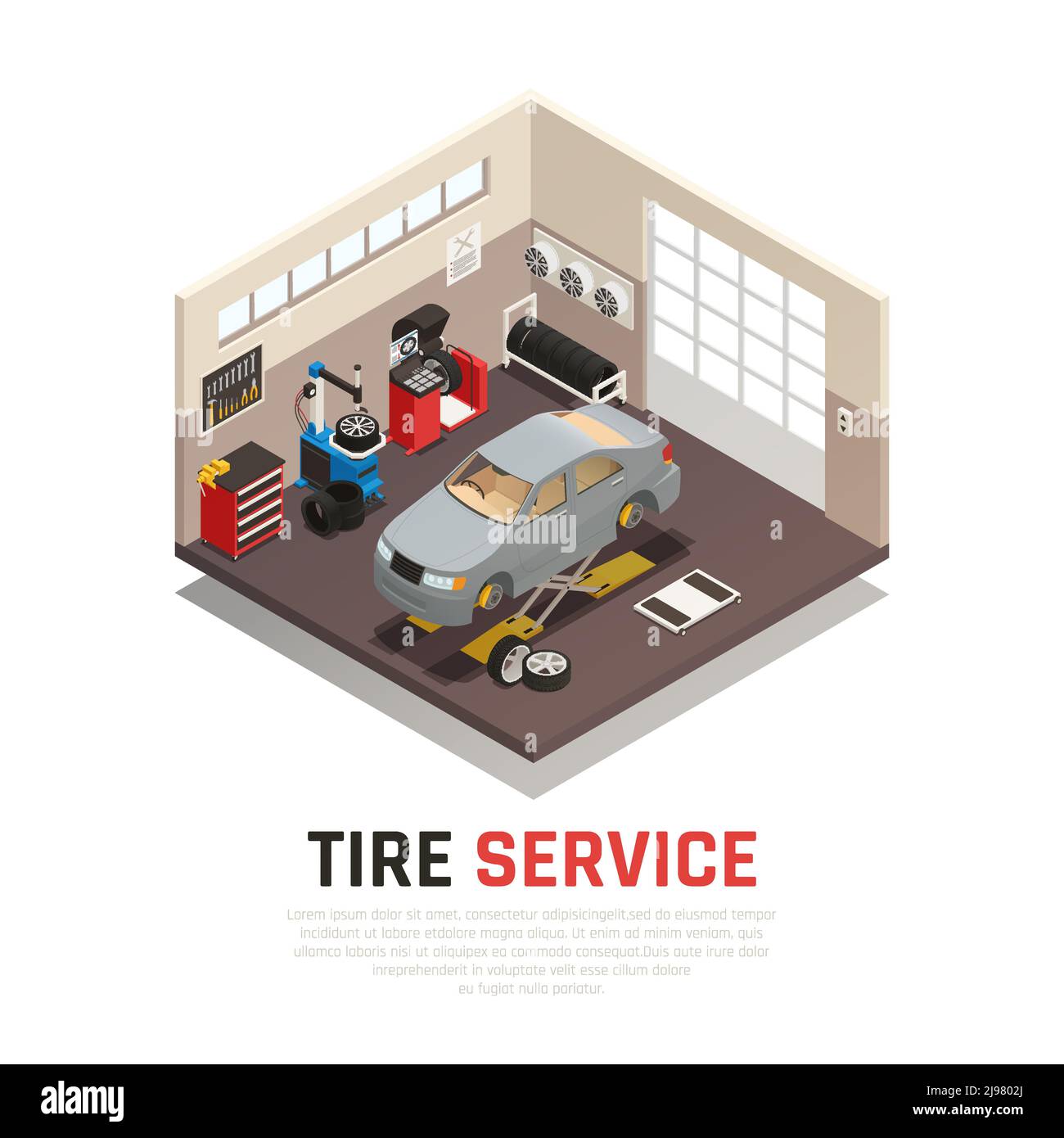 Tire service workshop interior with automobile jacks car tire fitting ...