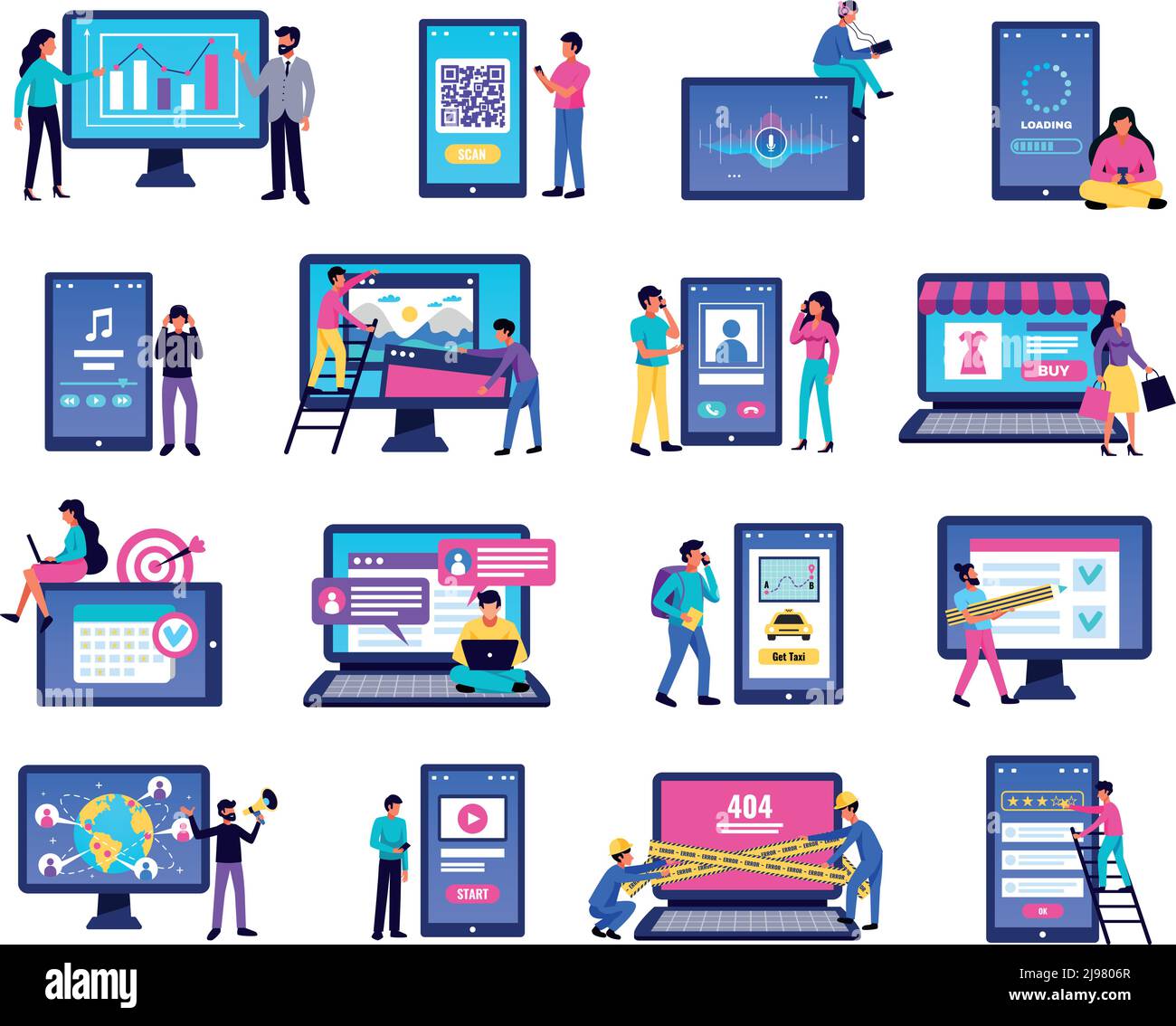 Mobile application icons set with laptop and smartphone symbols flat ...