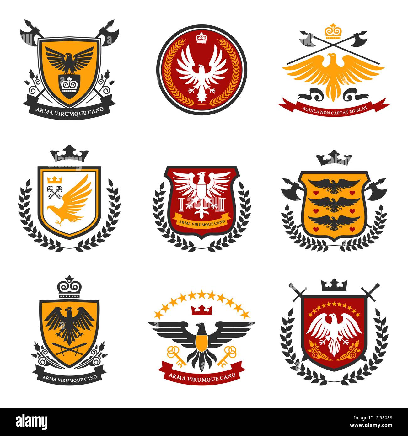 Heraldic emblems and shield set with eagle birds isolated vector ...