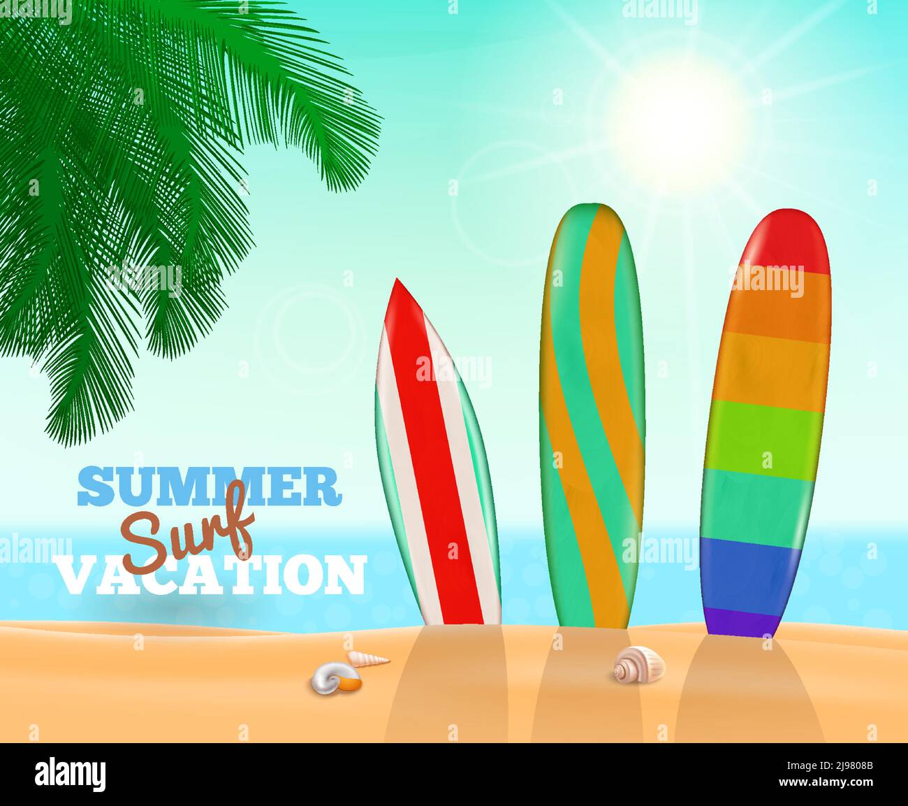 Surfboards Realistic Composition Of Surf Beach Landscape With Sand Sea
