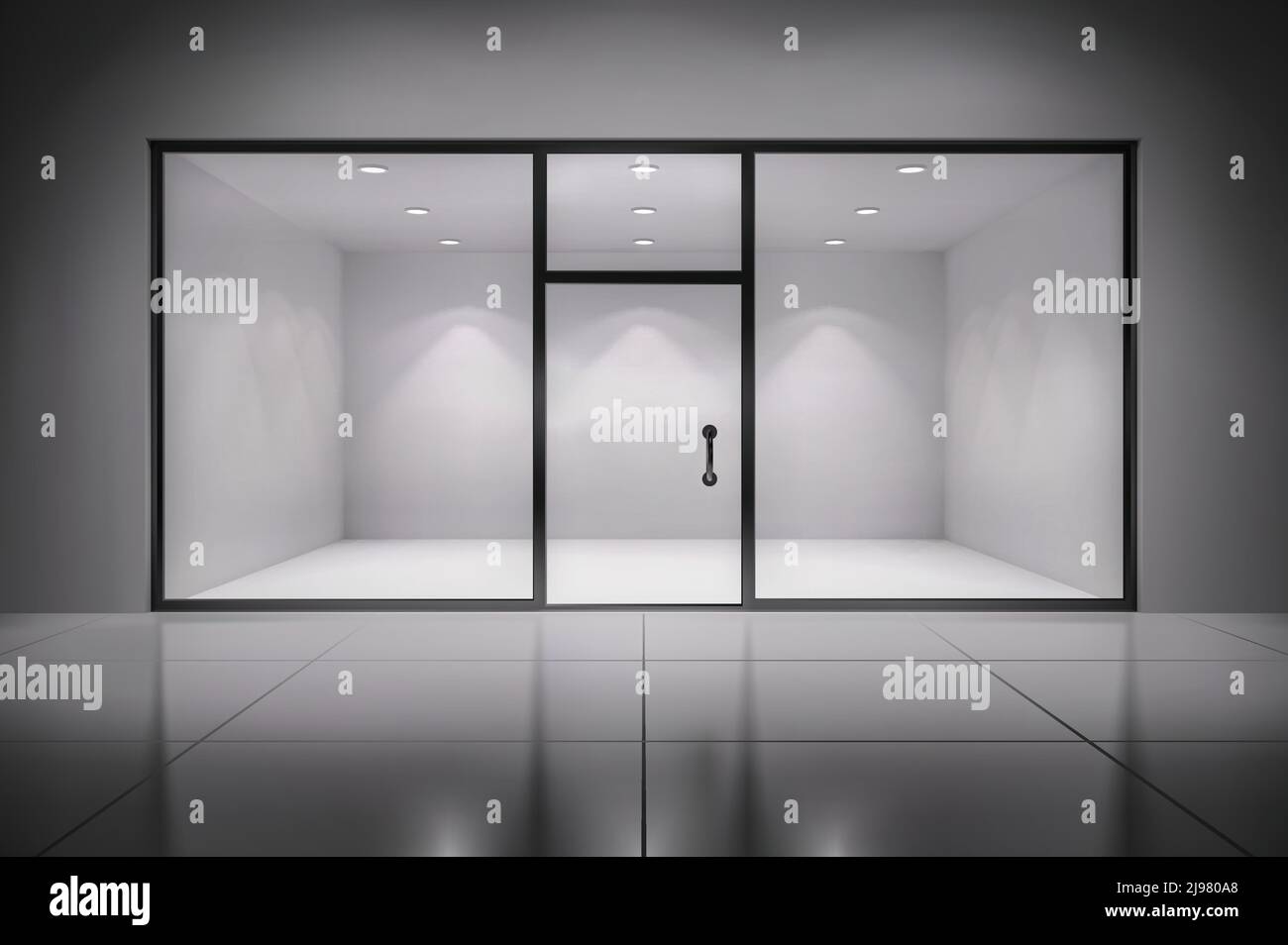 Empty illuminated store exposition interior realistic background vector ...