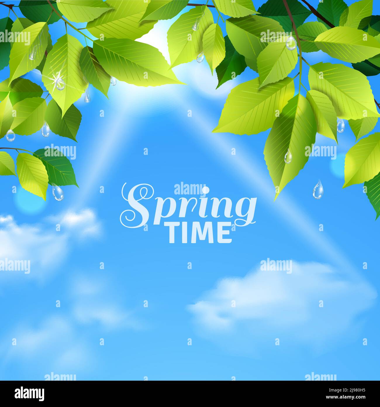 Spring time realistic poster with rain drops falling from green leaves ...