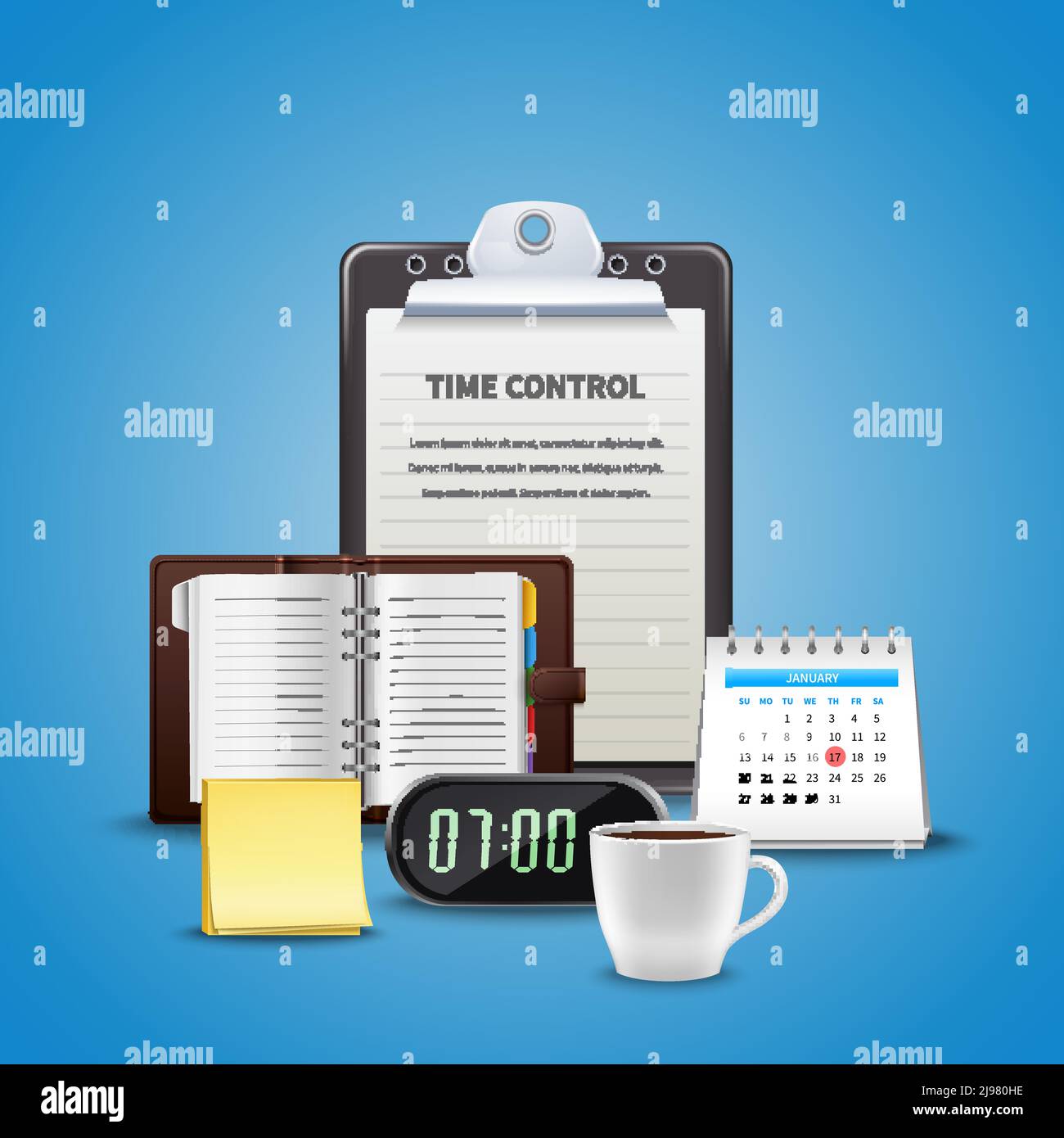 Time management realistic concept with different attributes of time ...