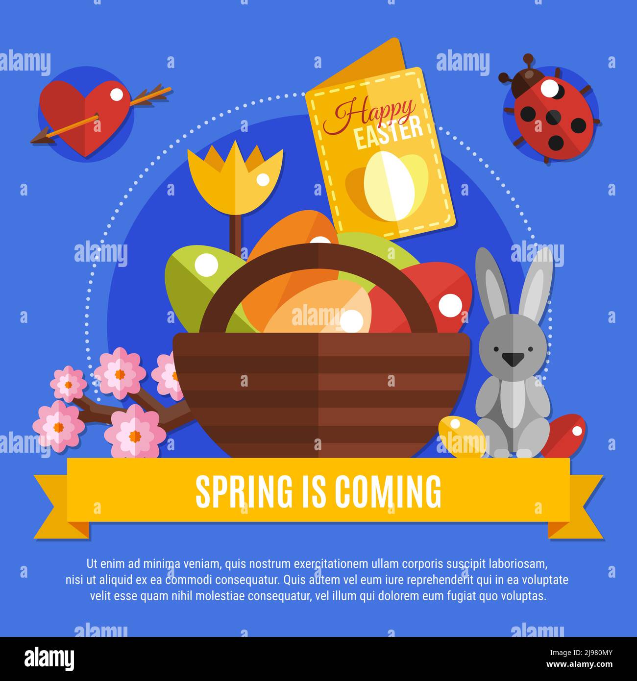 Spring is coming concept with rabbit ladybird flowers heart and basket ...