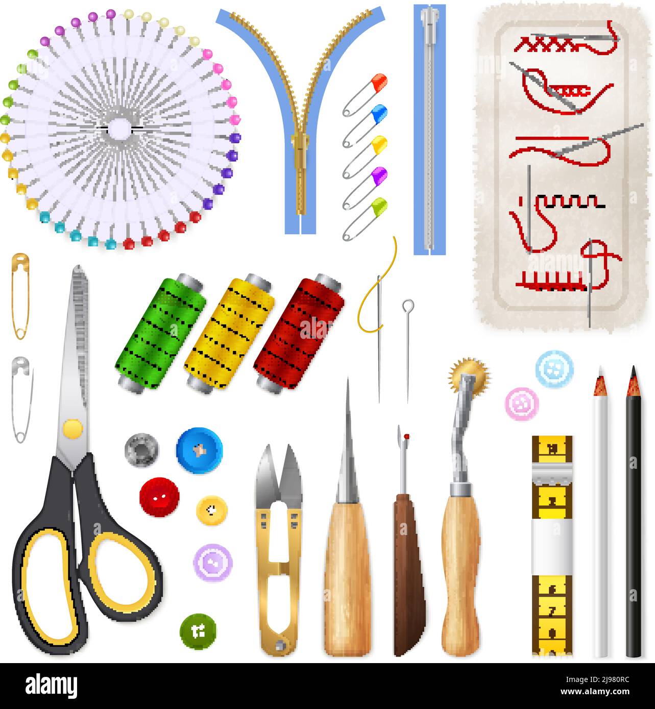 Sewing isolated icons set of centimeter tape zipper scissors buttons ...