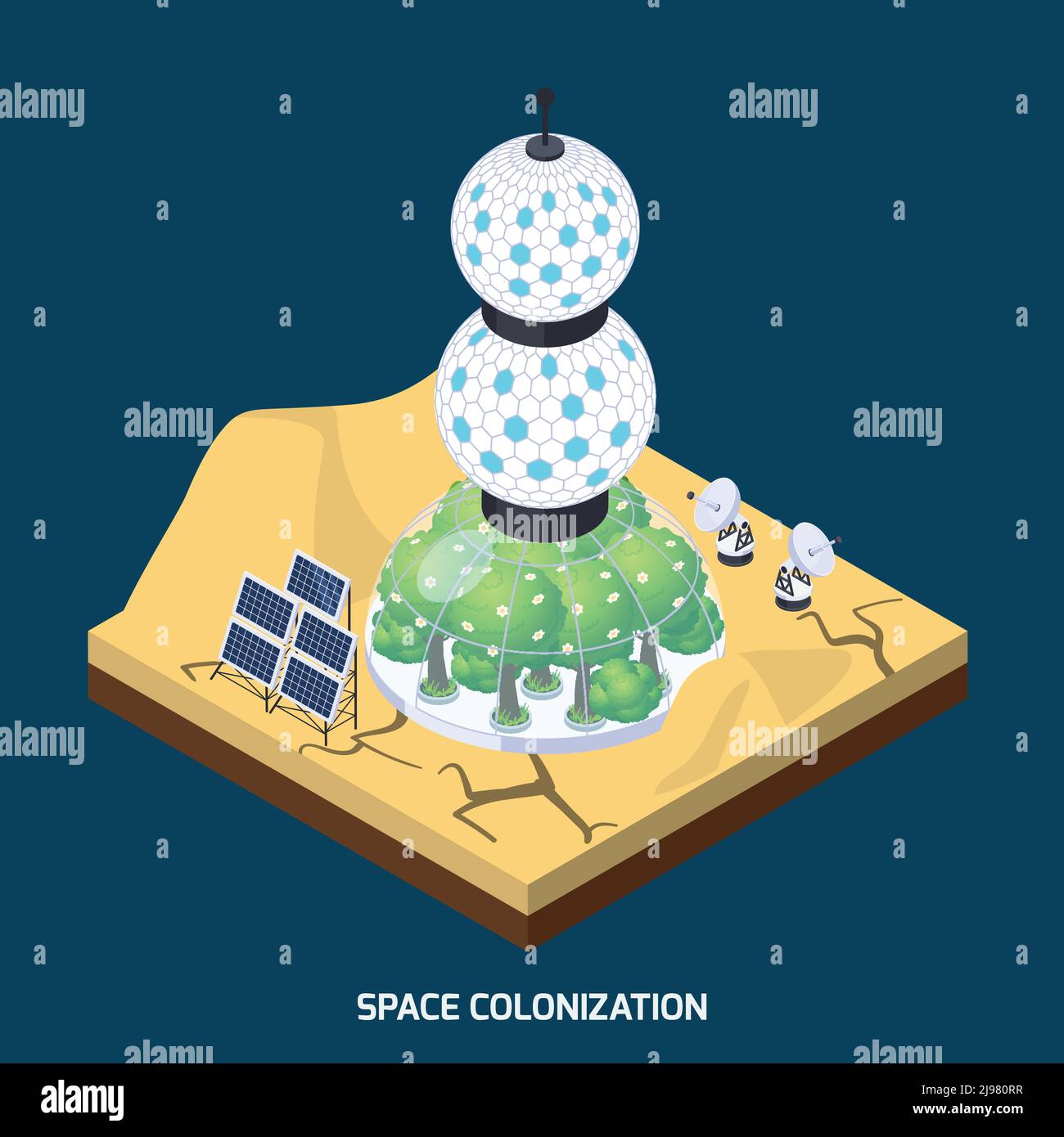 Space colonization terraforming isometric composition with piece of ...