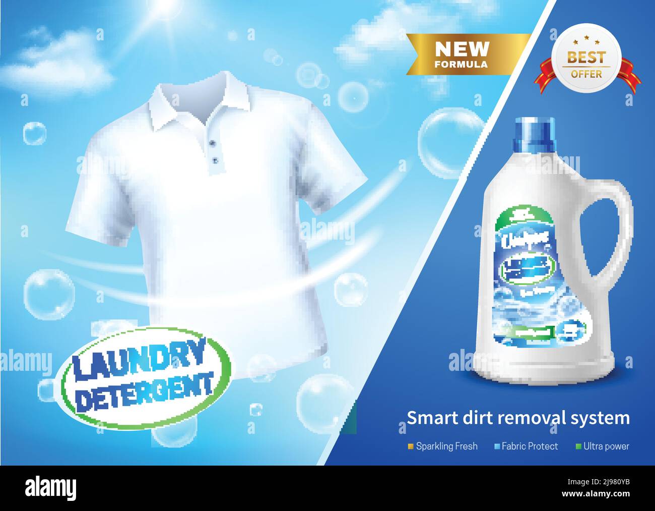 Laundry detergent in realistic plastic bottle ad poster on blue ...