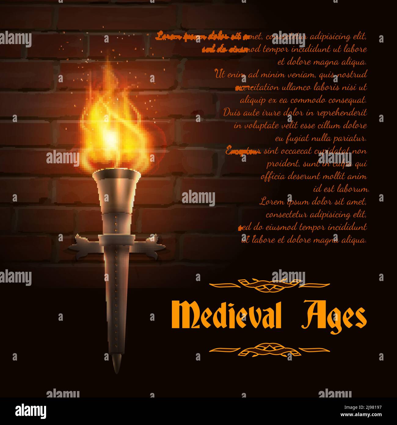 Realistic fire torch on brick wall background with medieval ages text ...