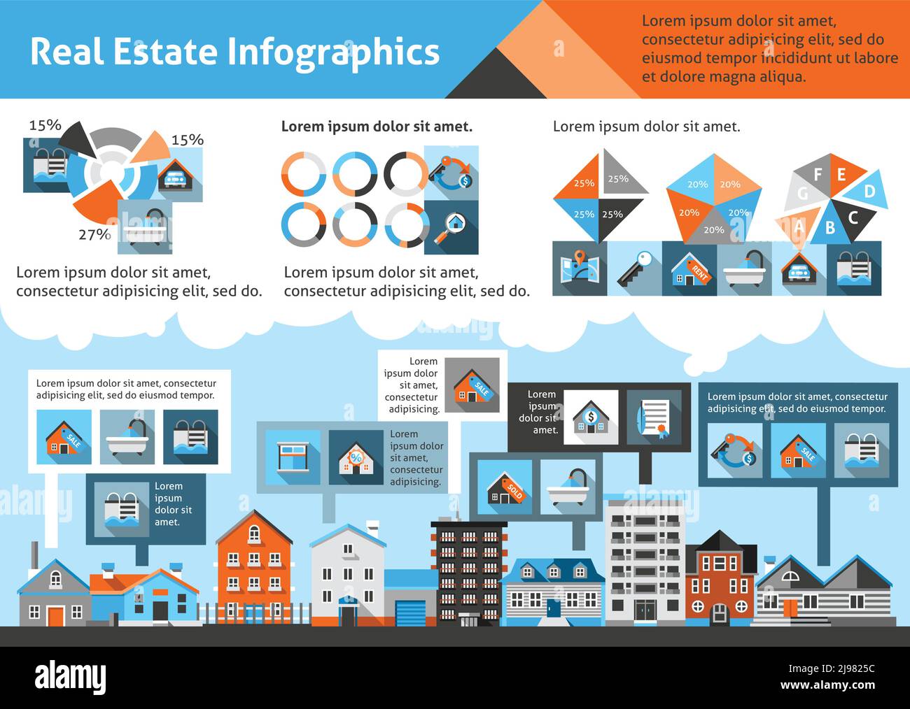 Real estate infographics set with commercial property apartment symbols ...