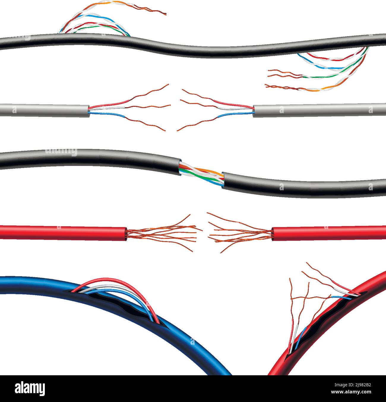 Set of realistic damaged electric cables of various diameter and color with sticking wires ...