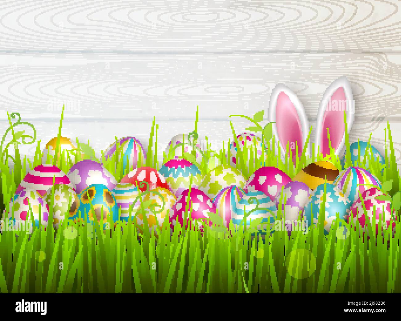 Easter composition with colourful images of festive easter eggs on green grass surface with ...