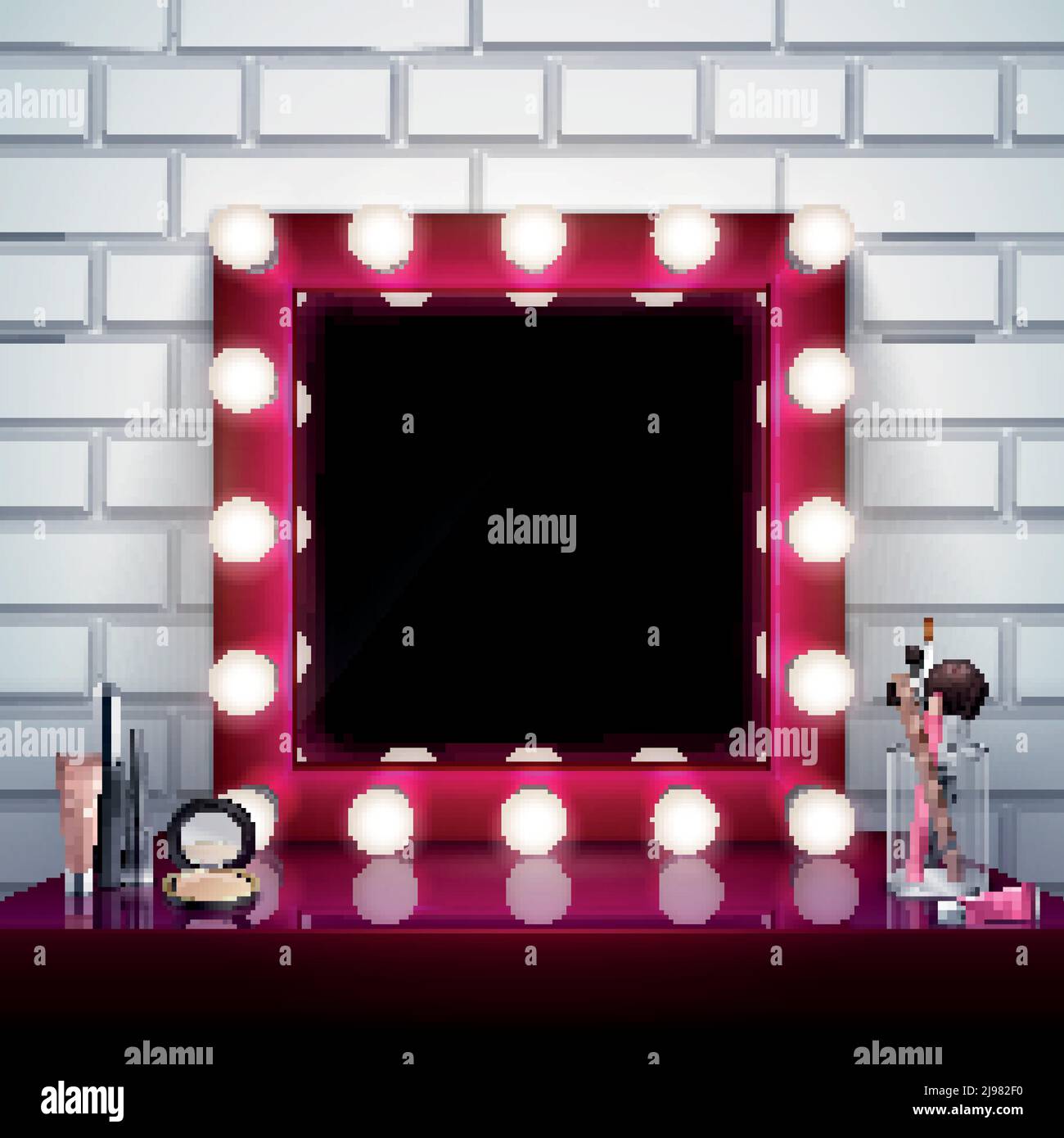 Realistic composition with pink makeup mirror cosmetics and brushes on ...