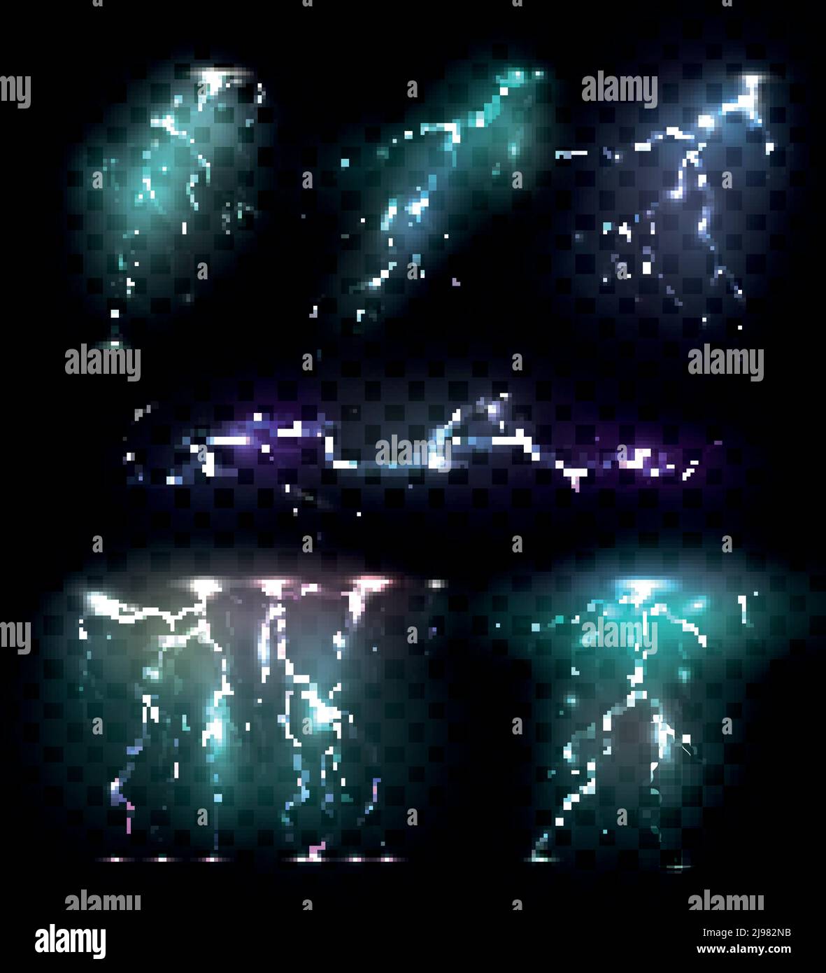 Realistic lightning bolts flashes colored set of isolated images of ...