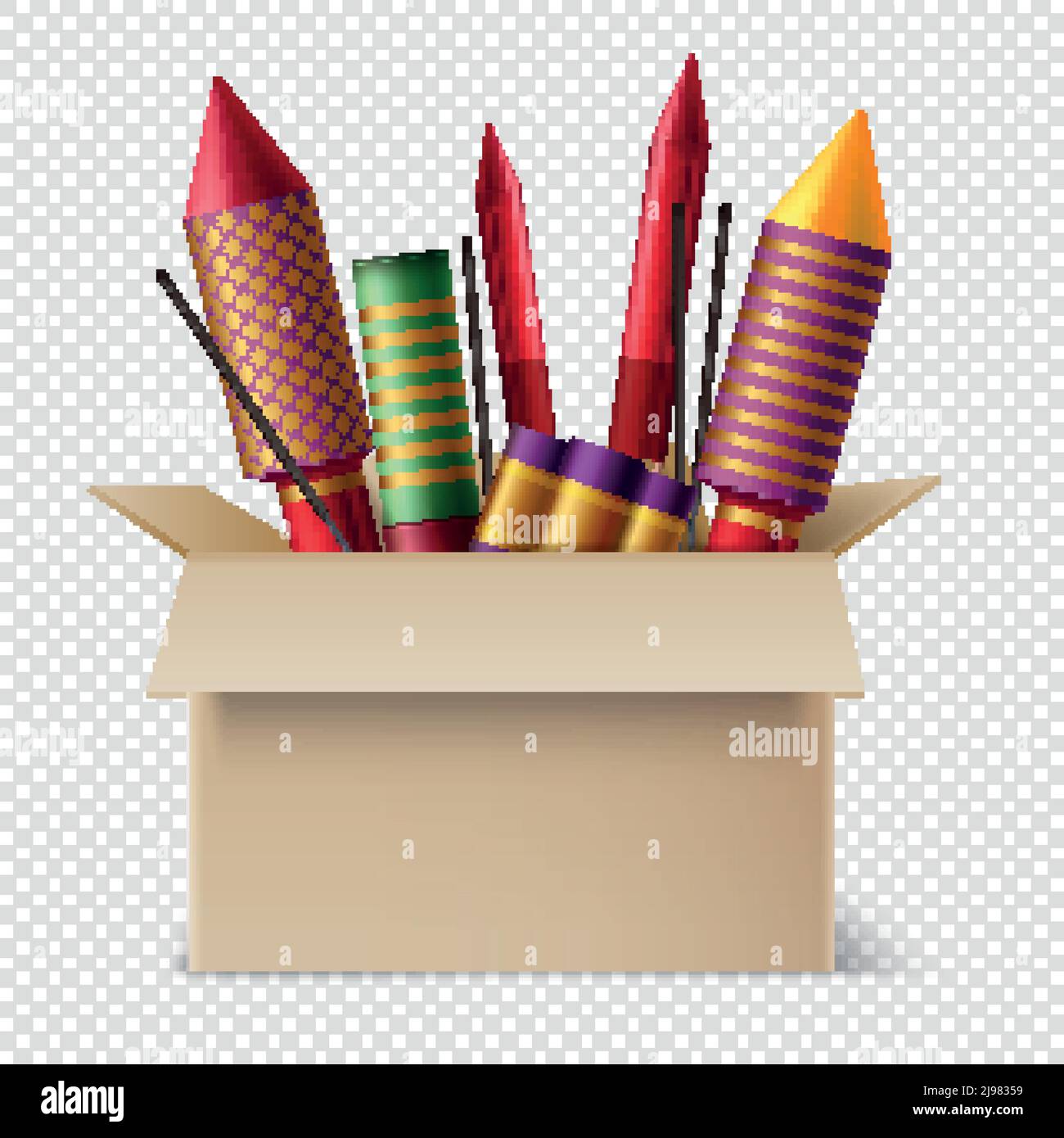 Realistic pyrotechnics in box composition with different sparklers and sticks of bengal lights ...