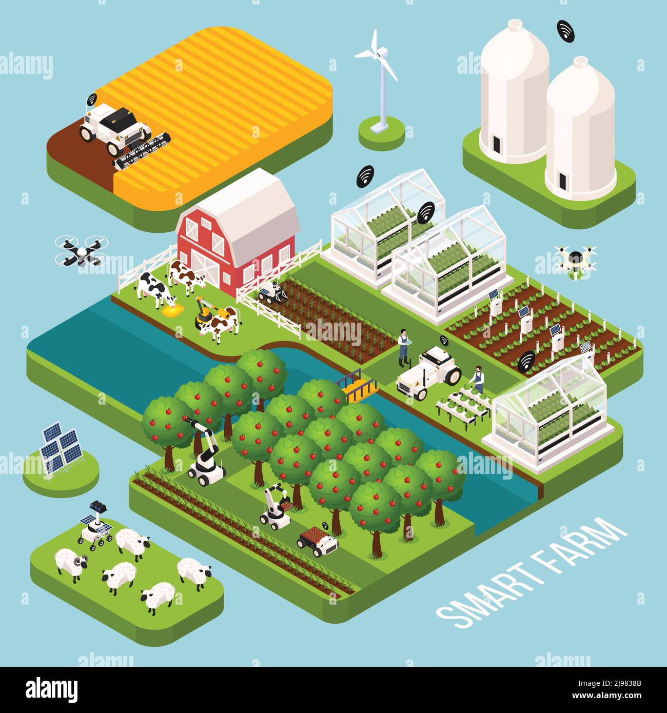Smart farm isometric set with agriculture symbols isometric isolated ...