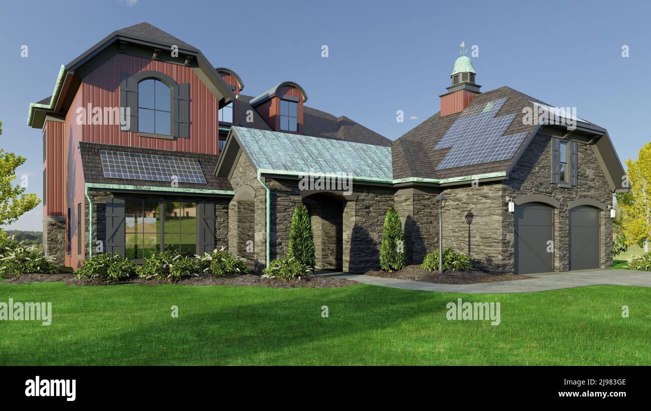 A 3D architectural rendering of a contemporary red siding color scheme ...