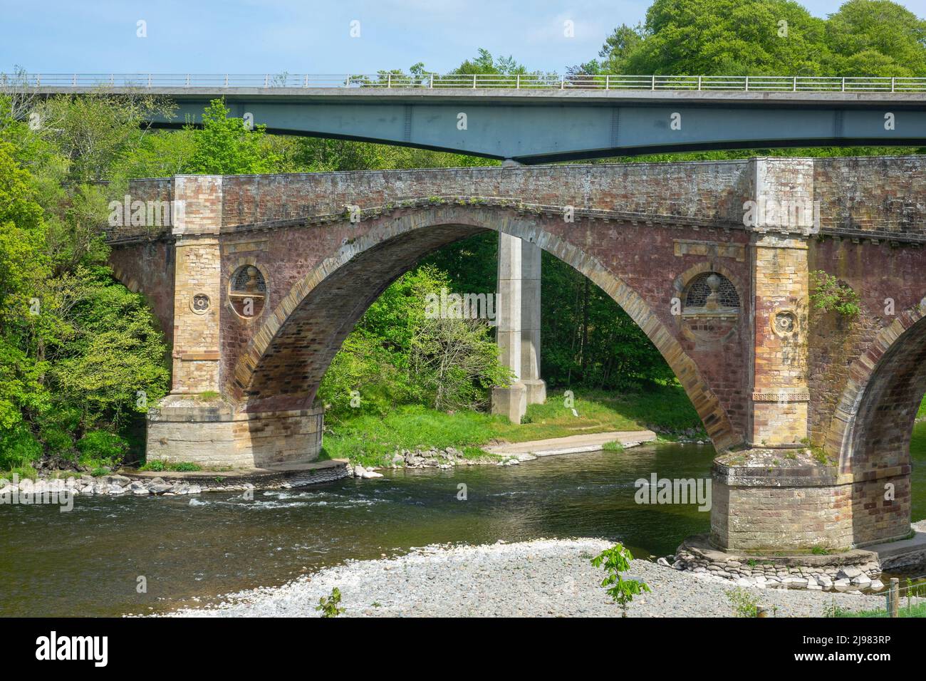 Scotland, Borders, Melrose, Leaderfoot, Two road bridges over river ...