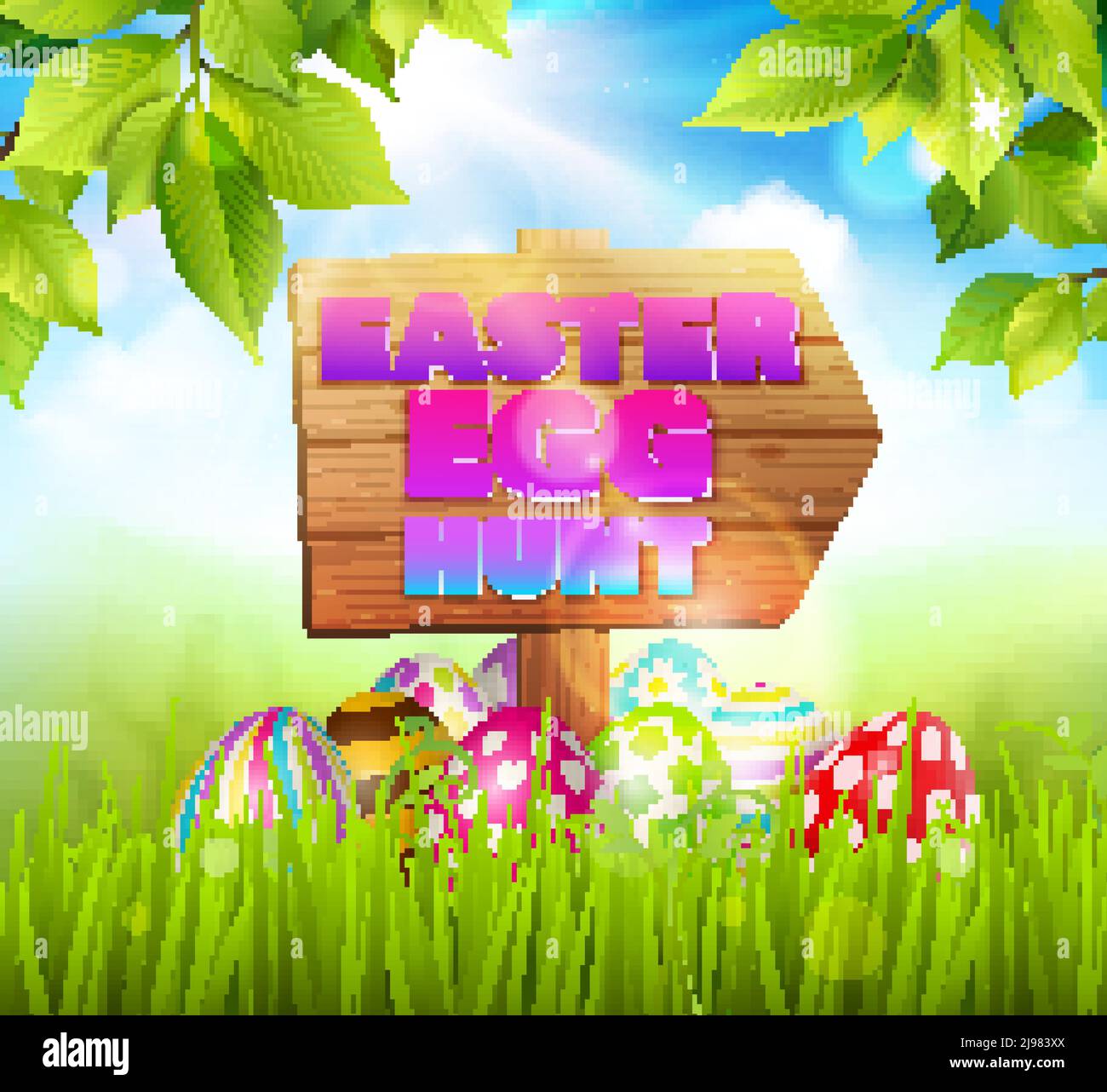 Easter background composition with easter eggs laying on green grass ...