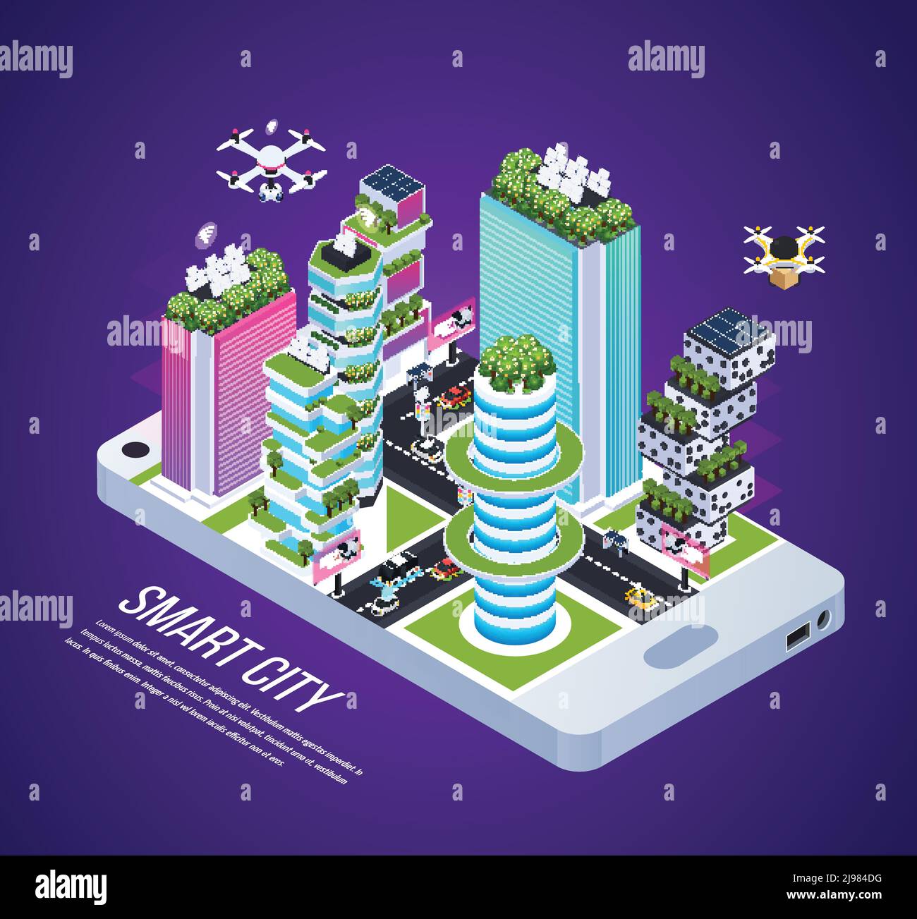 Smart City Isometric Composition With City Technology And Energy