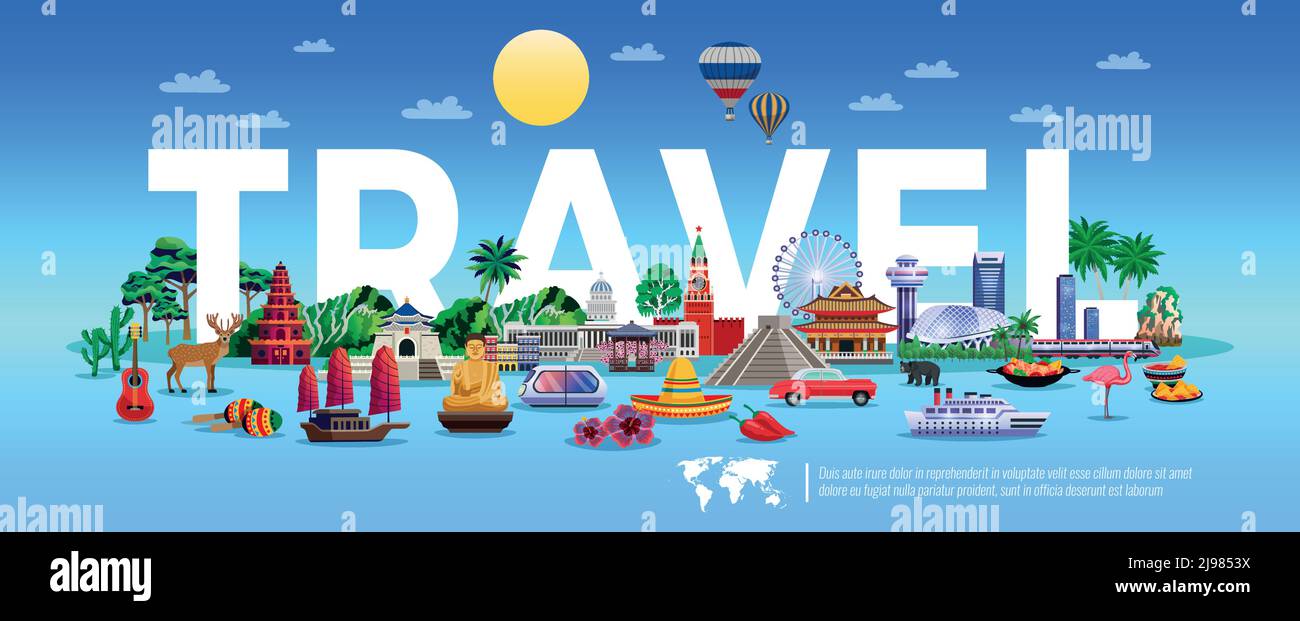 Travel and tourism poster with resort and sightseeing symbols flat ...