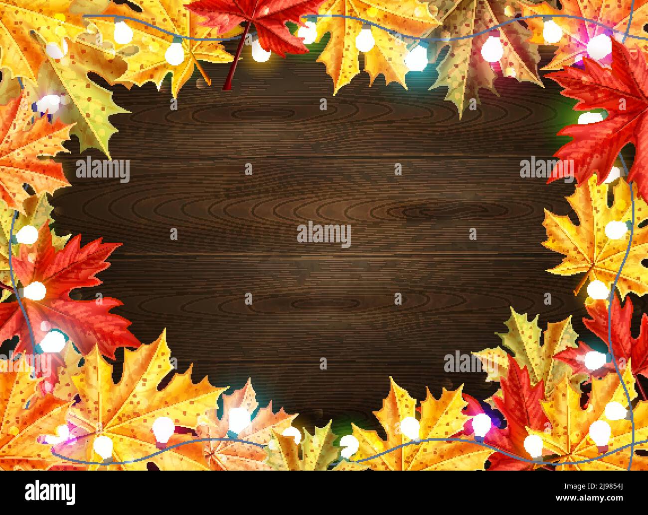 Thanksgiving day stylish frame with maple leaves and lights on dark ...
