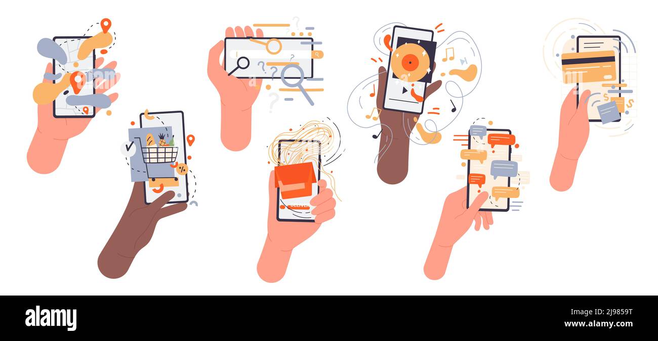 Customers hands use mobile application of online service set vector ...