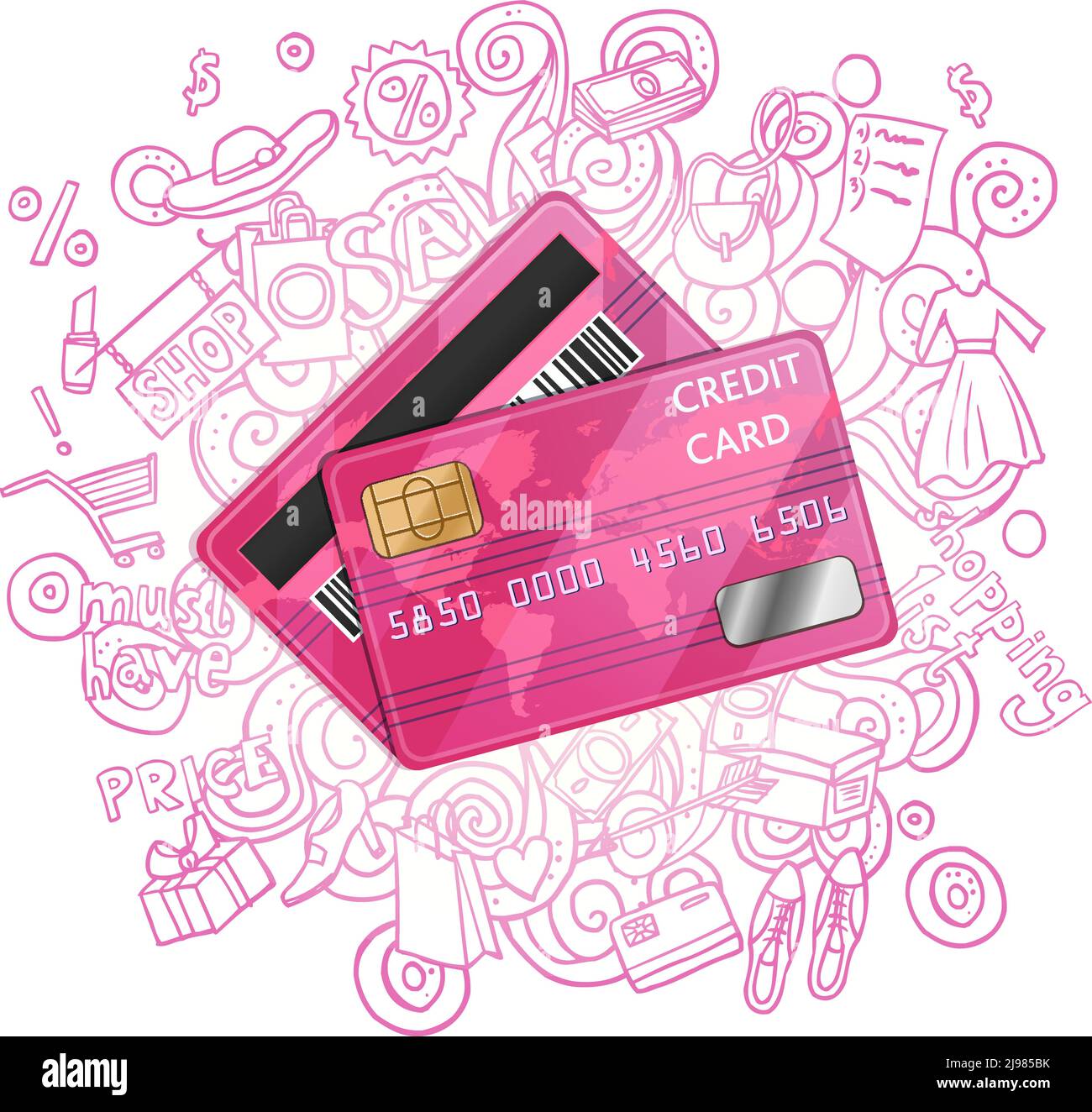 Shopping concept with commerce doodle decorative icons set and credit ...