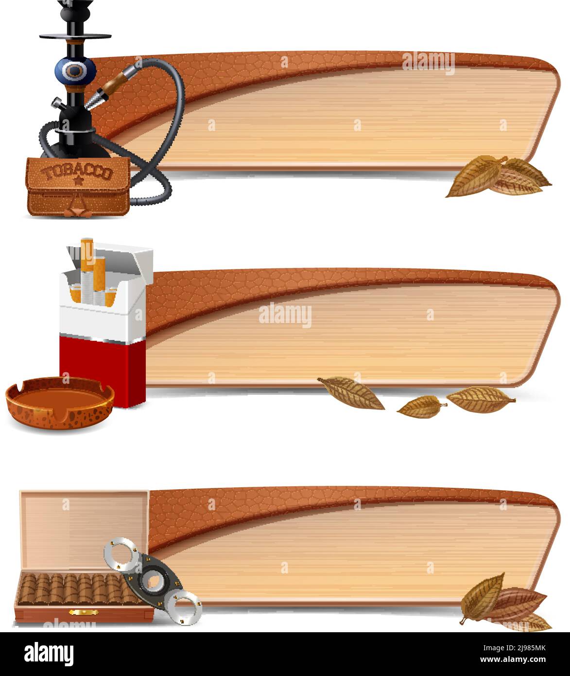 Tobacco smoking horizontal banners set with realistic elements isolated ...