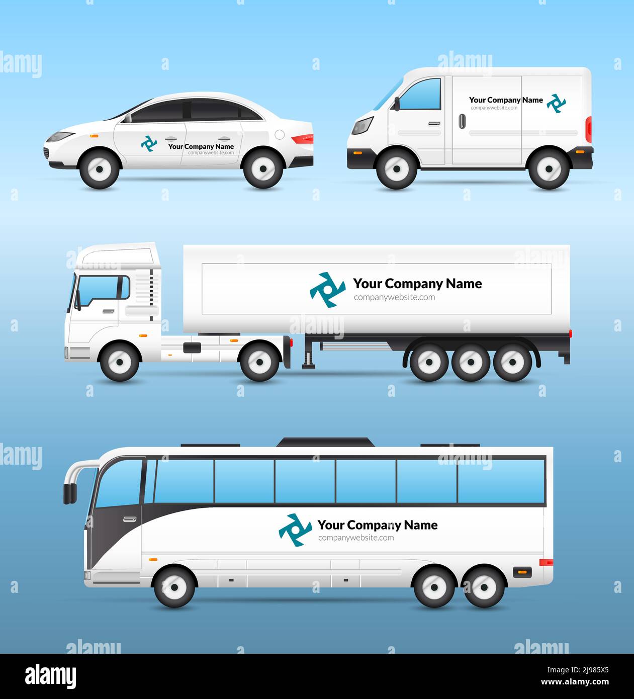 Transport advertisement set with car van truck and tourist bus with ...