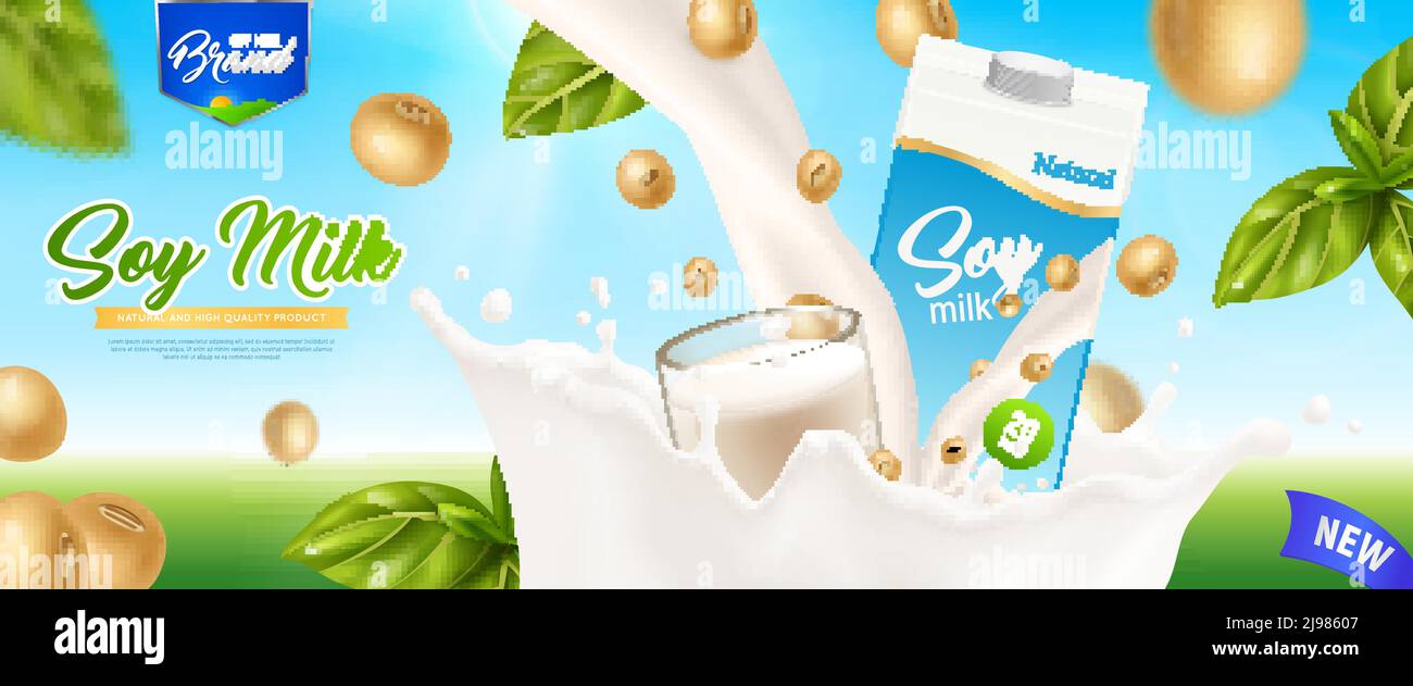 Soy milk realistic colored poster with green leaves beige soybeans and ...