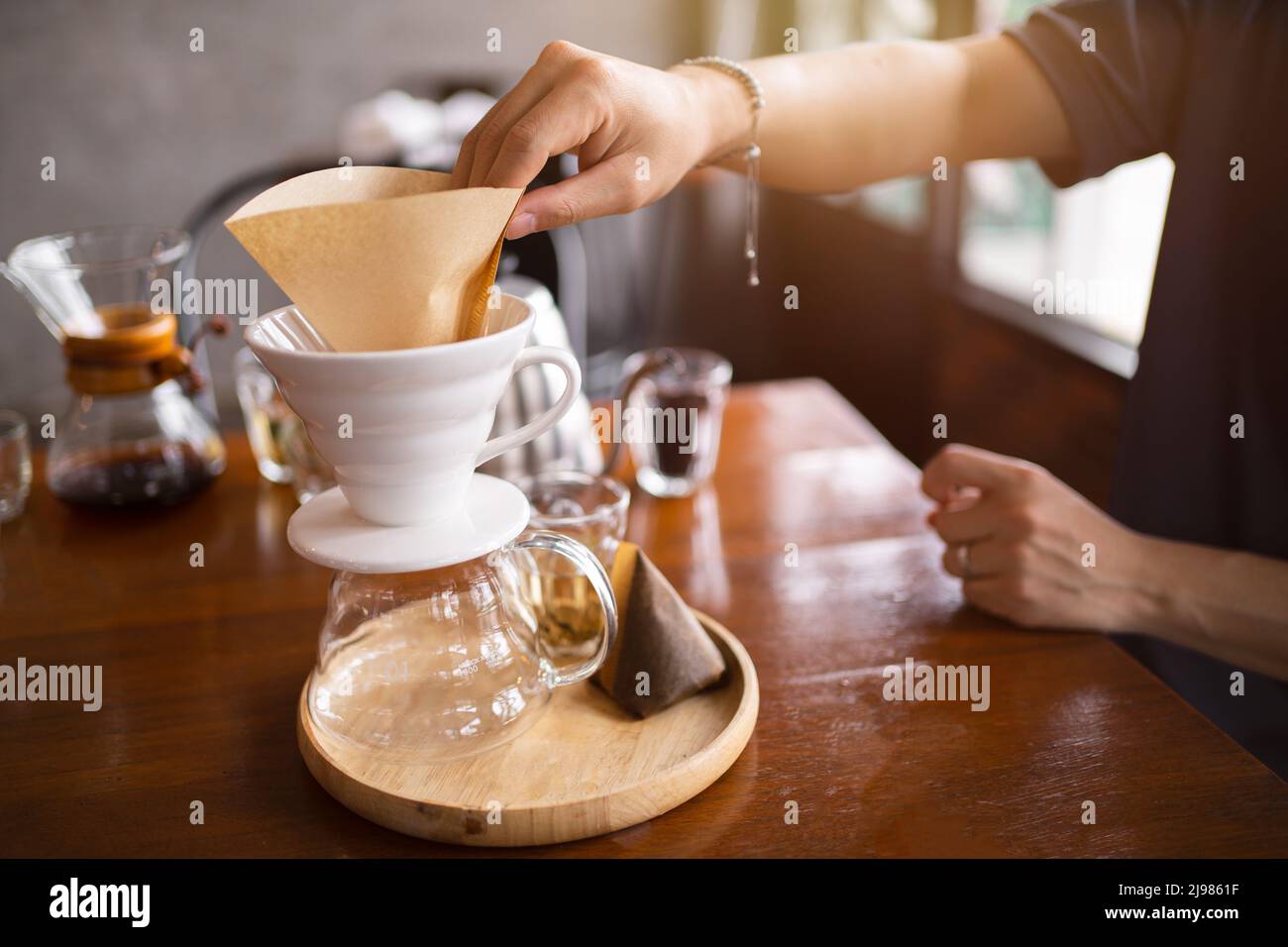 drip coffee. hot arabica coffee brew hand making process by ...