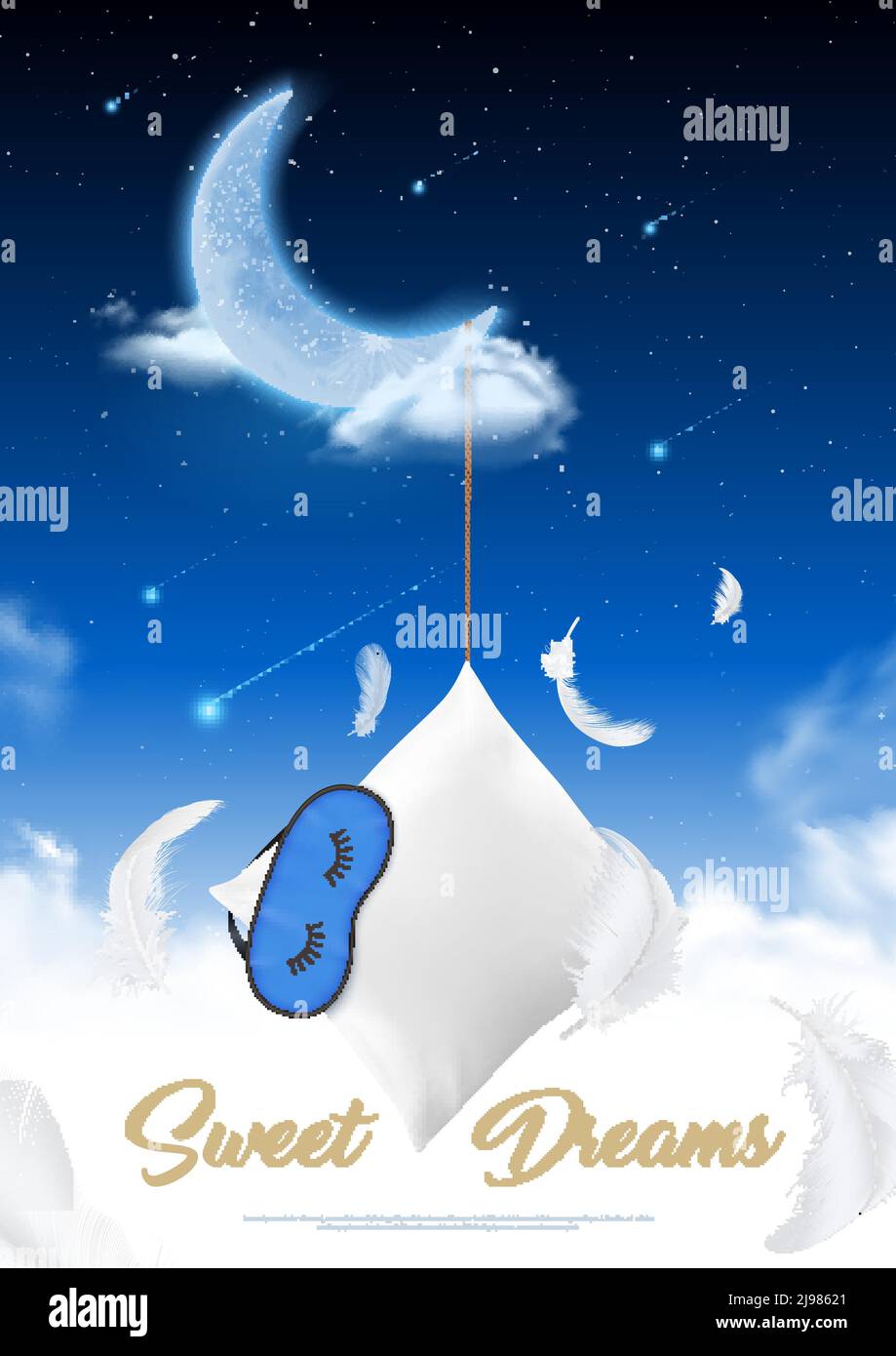 Sleep time in moon night realistic poster with feather pillow and eye ...