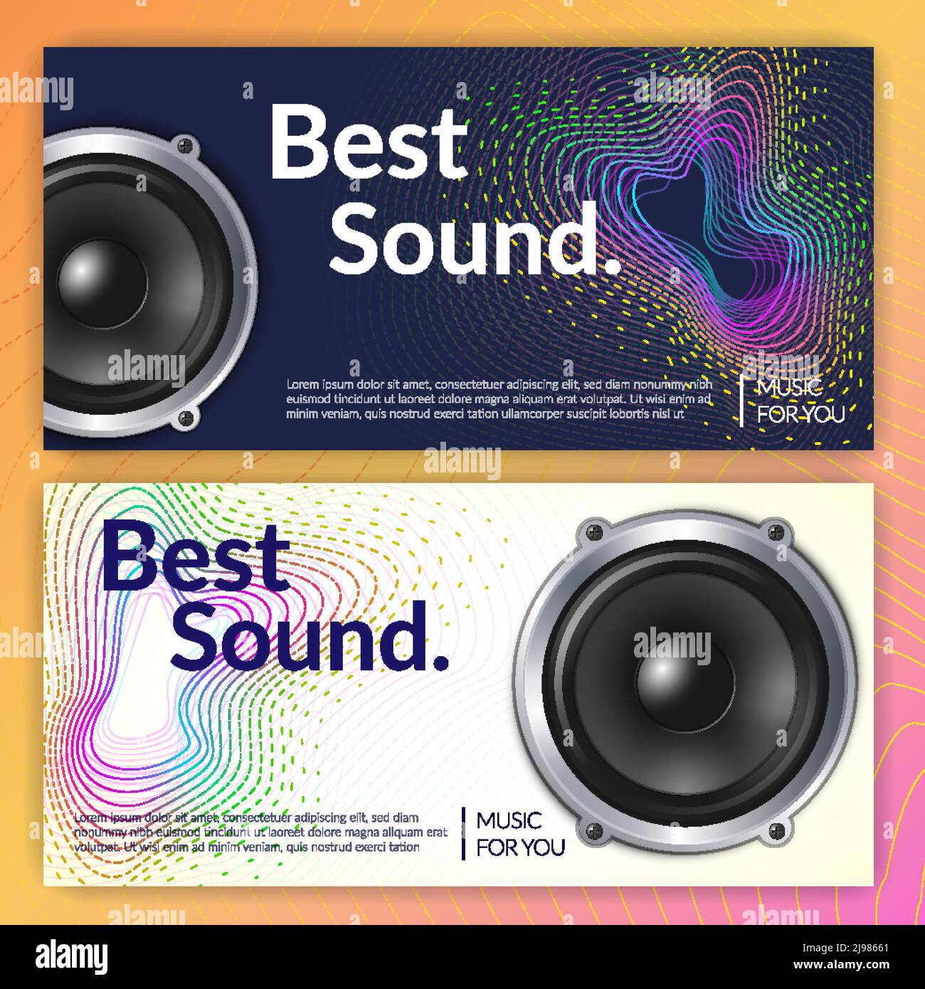 Realistic audio system set of horizontal banners on light and dark ...