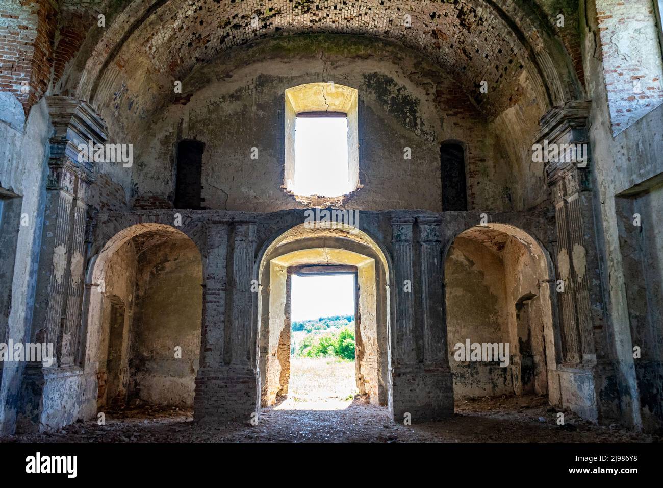 Interior of the ancient destroyed temple. Abandoned building of an ...