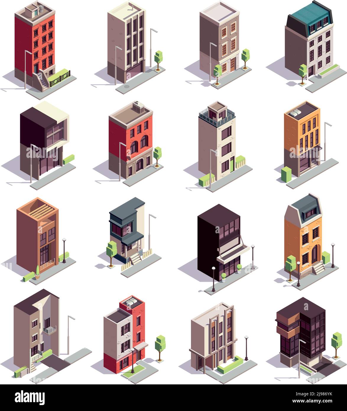 Townhouse buildings isometric set of sixteen isolated colourful ...