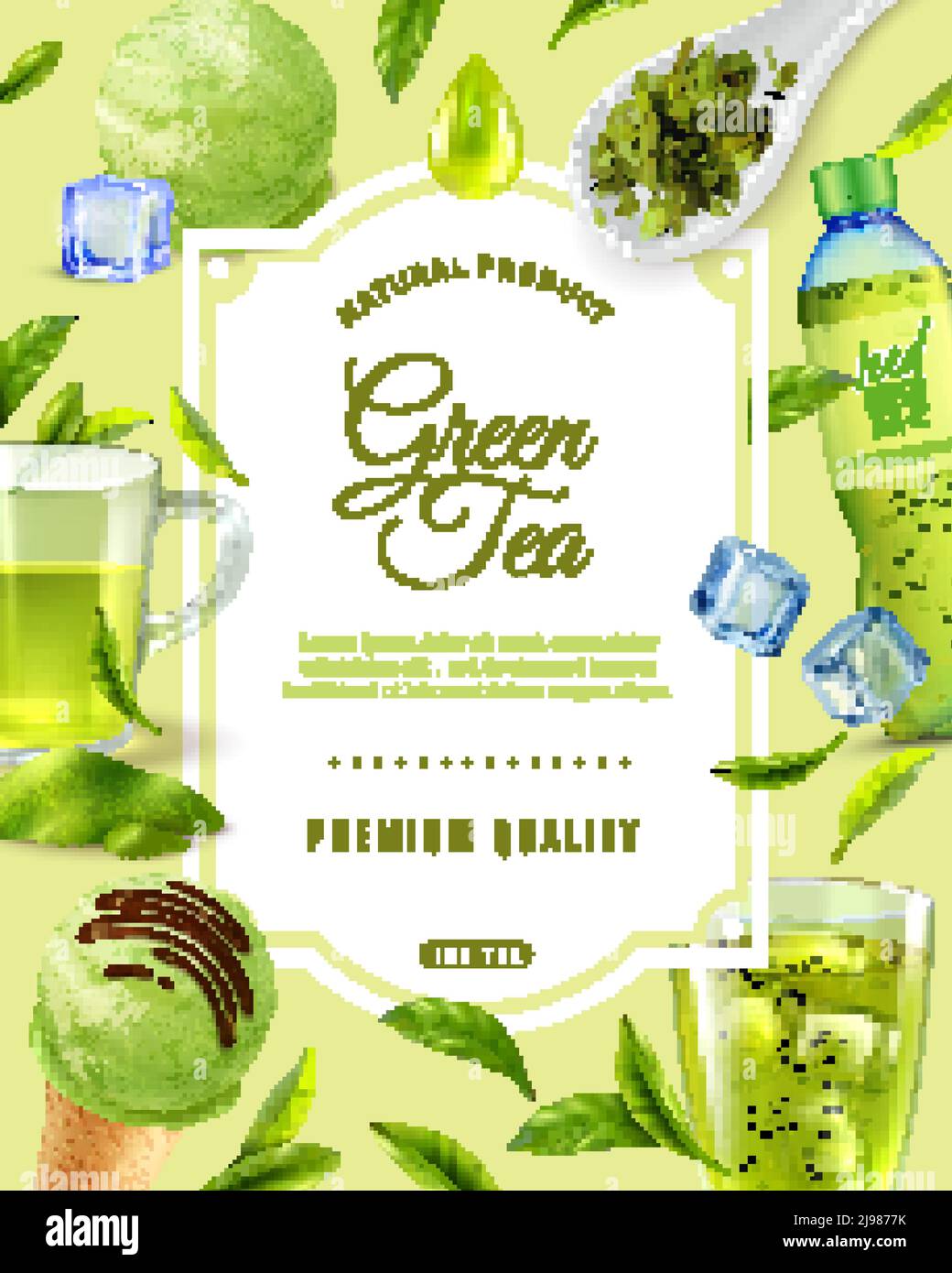 Realistic green tea frame background with ornate text and round ...