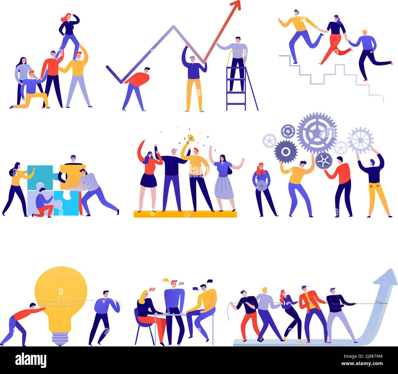 Teamwork icons flat colorful set with people trying to achieve goals ...