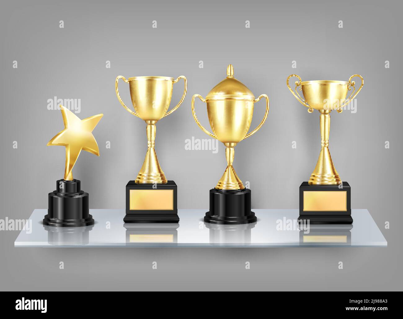 Trophy awards realistic images on shelf composition of golden cups with ...