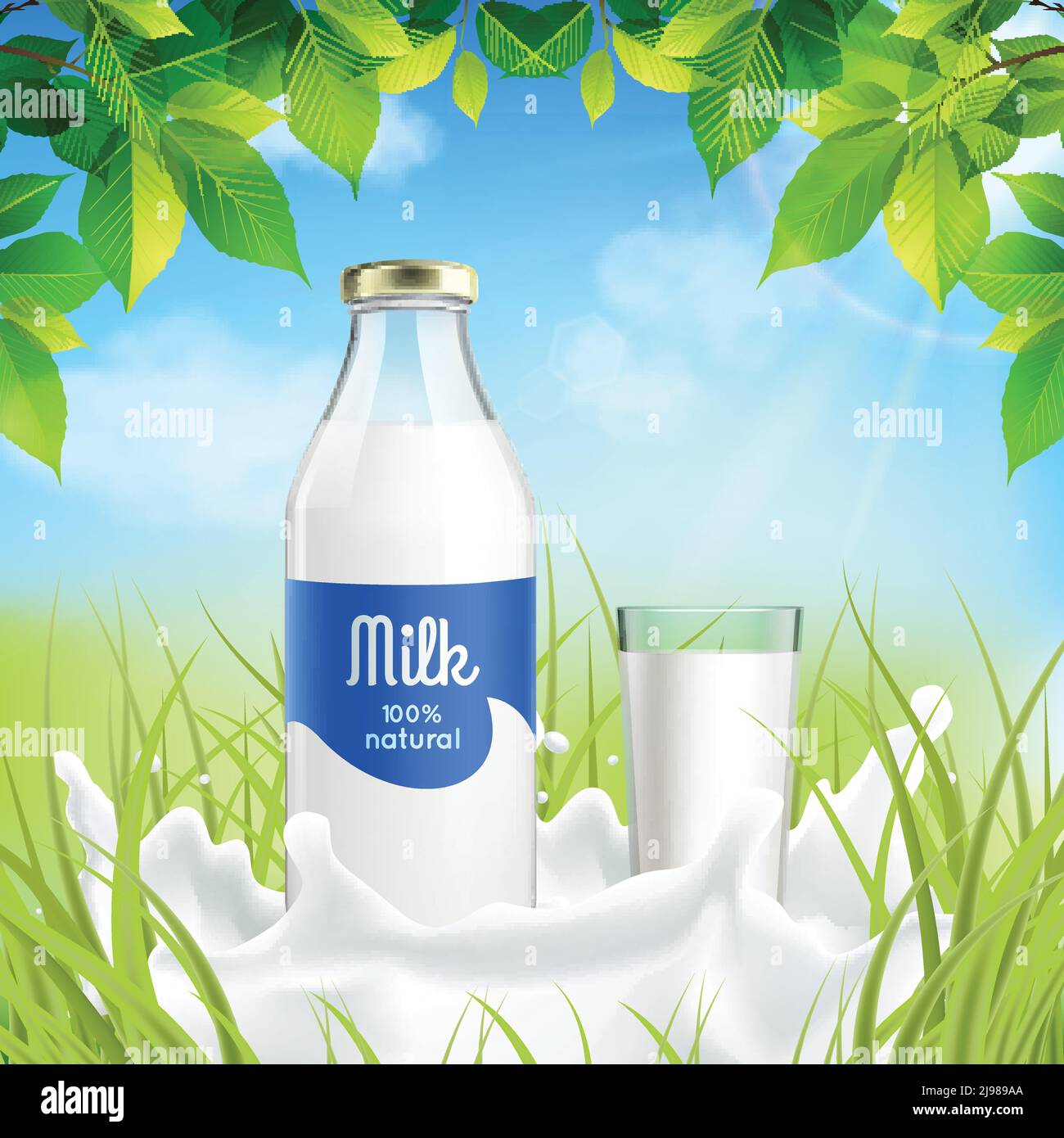 Natural dairy products realistic composition with bottle and full glass ...