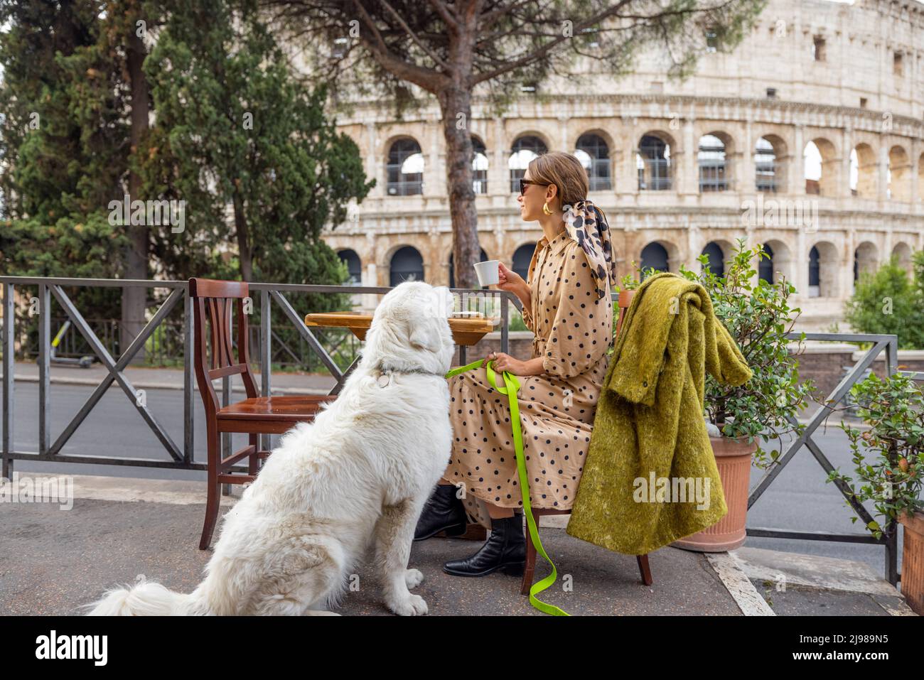 Woman with her dog at outdoor cafe in front of coliseum in Rome, Italy ...
