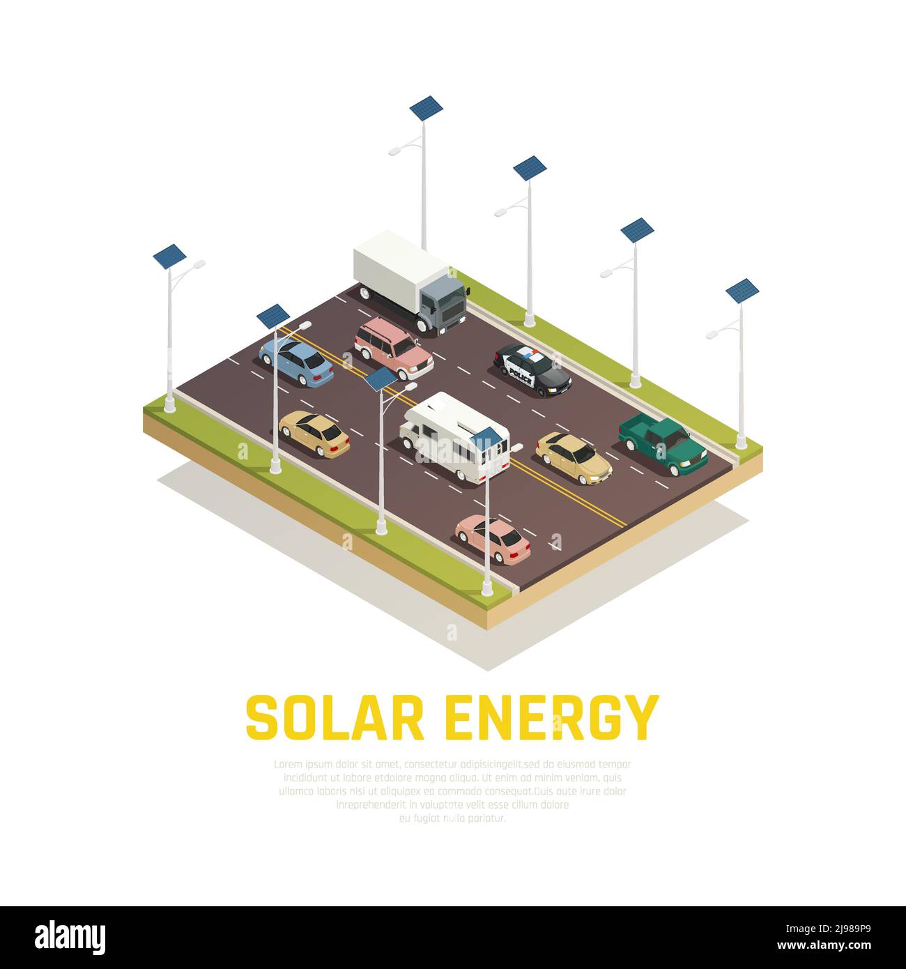 Solar energy concept with cars batteries and road isometric vector ...