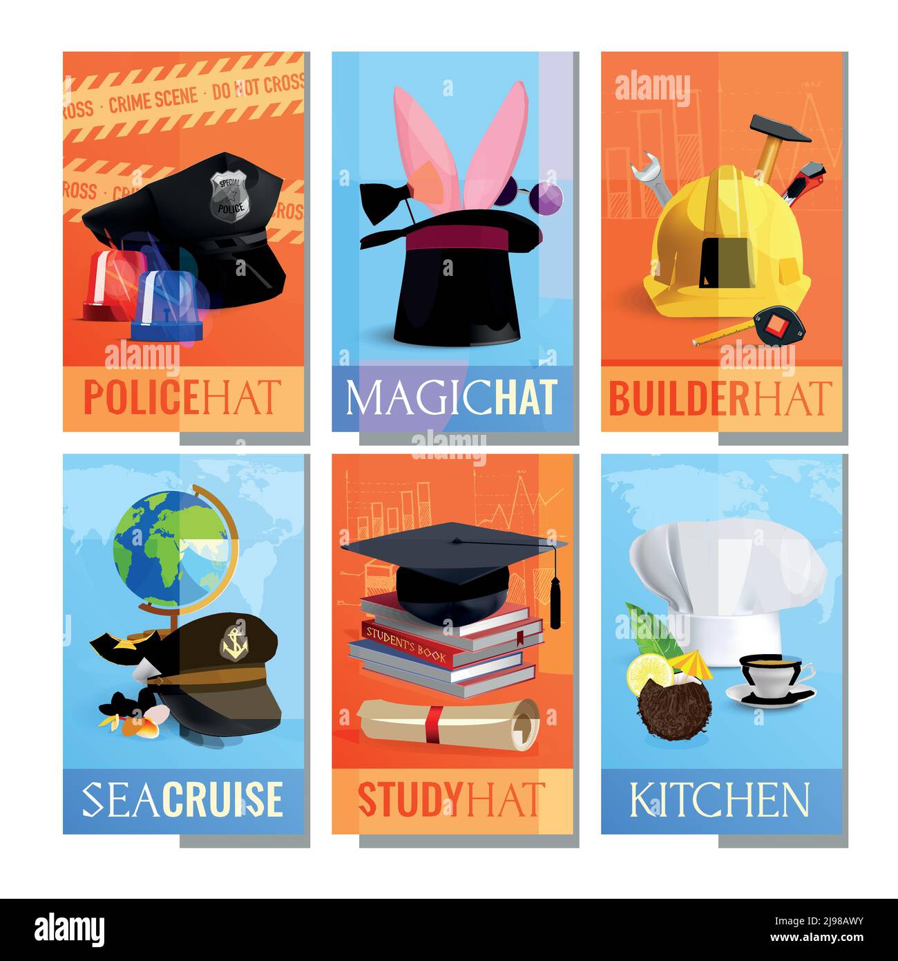 Different professions hats cards set with police and study hats ...