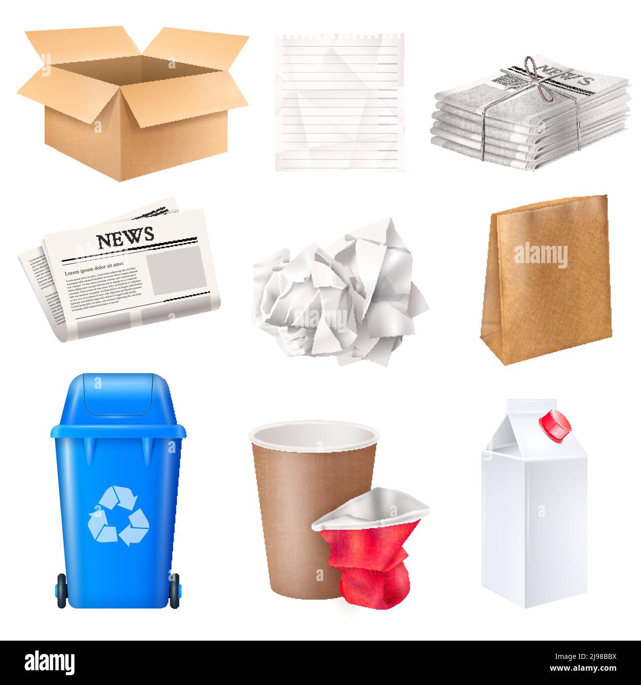 Trash and waste set with cardboard and paper realistic isolated vector ...